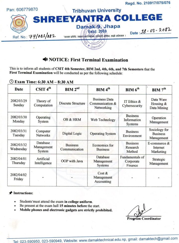 Regarding First Examination | Shreeyantra College