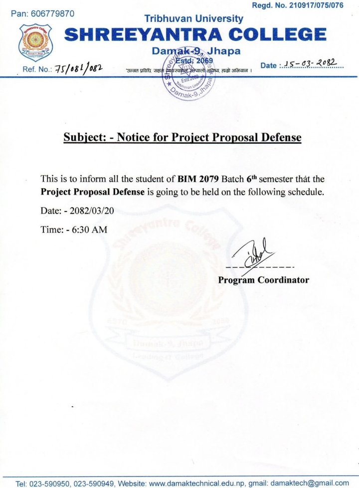 Notice for Project Proposal Defense | Shreeyantra College